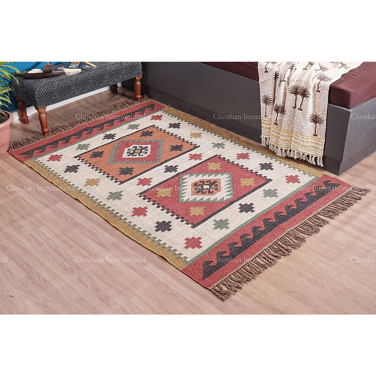 Chouhan International Kilim Rug Wool Jute Rug, Kilim Dhurrie Wool and Jute Rug Handmade for Living for Room (8x10 Ft) KLM- 11