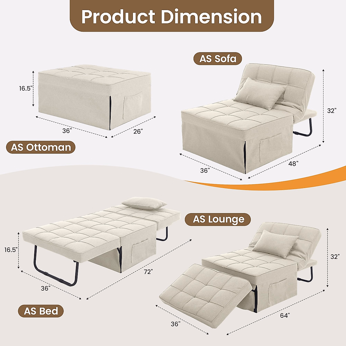 Fiona's magic Sofa Bed, 4 in 1 Multi-Function Convertible Ottoman, Modern Breathable Linen Folding Couch Bed with Adjustable Backrest and Storage Bag for Living Room Apartment Office, Beige