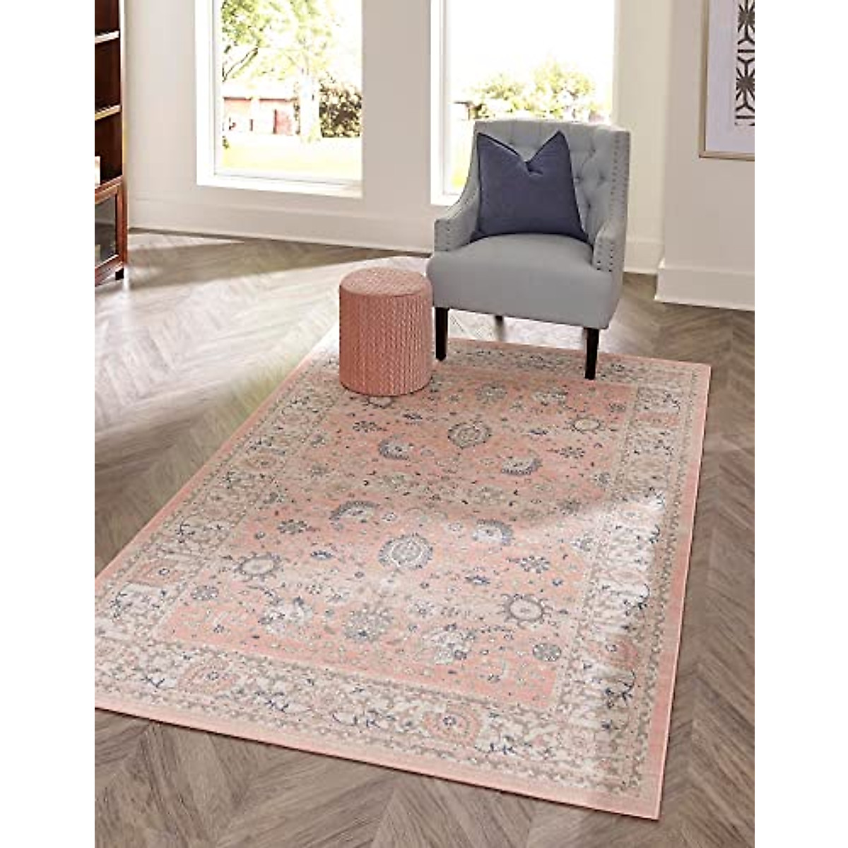 Unique Loom Whitney Collection Traditional Border Area Rug (8' 0 x 10' 0 Rectangular, Powder Pink)