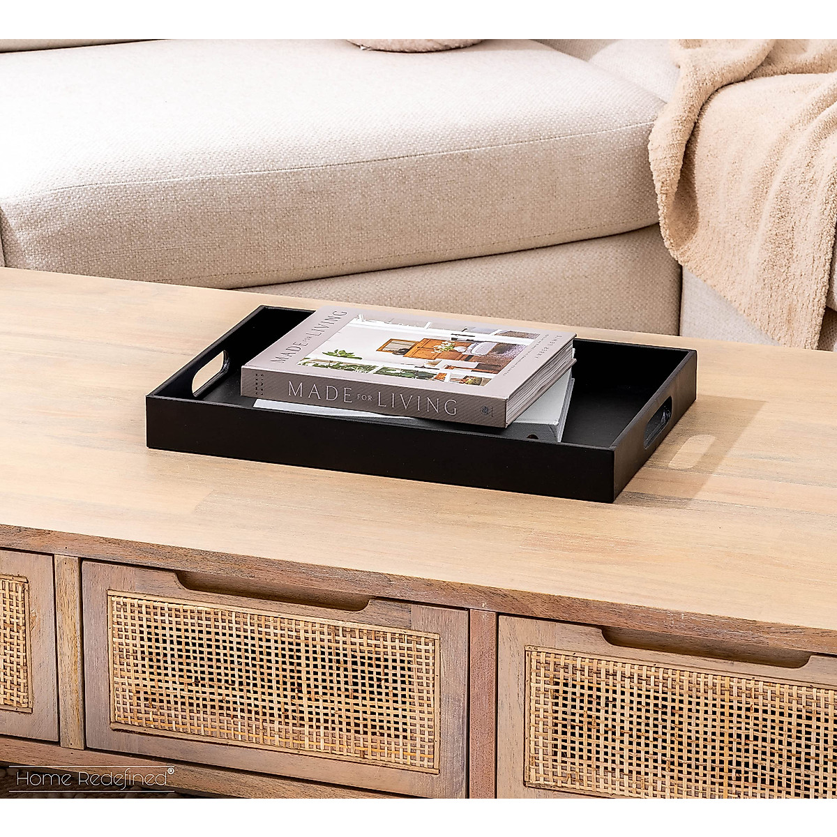 Home Redefined Beautiful Modern Elegant 18"x12" Rectangle Classic Black Faux Leather Decorative Ottoman Coffee Table Perfume Living Room Kitchen Serving Tray with Handles for All Occasion's