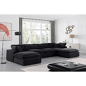 Meridian Furniture 189Black-Sec6B Comfy Collection Modern | Contemporary Upholstered Modular Sectional, Soft Black Velvet, Down Feather Cushions, 158" W x 79" D x 34.5" H, Black