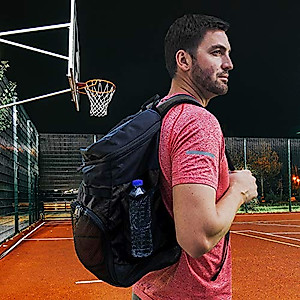 Xelfly Basketball Backpack with Ball Compartment – Sports Equipment Bag for Soccer Ball, Volleyball, Gym, Outdoor, Travel, Team – 2 Bottle Pockets, Includes Laundry or Shoe Bag – 25L (Black)