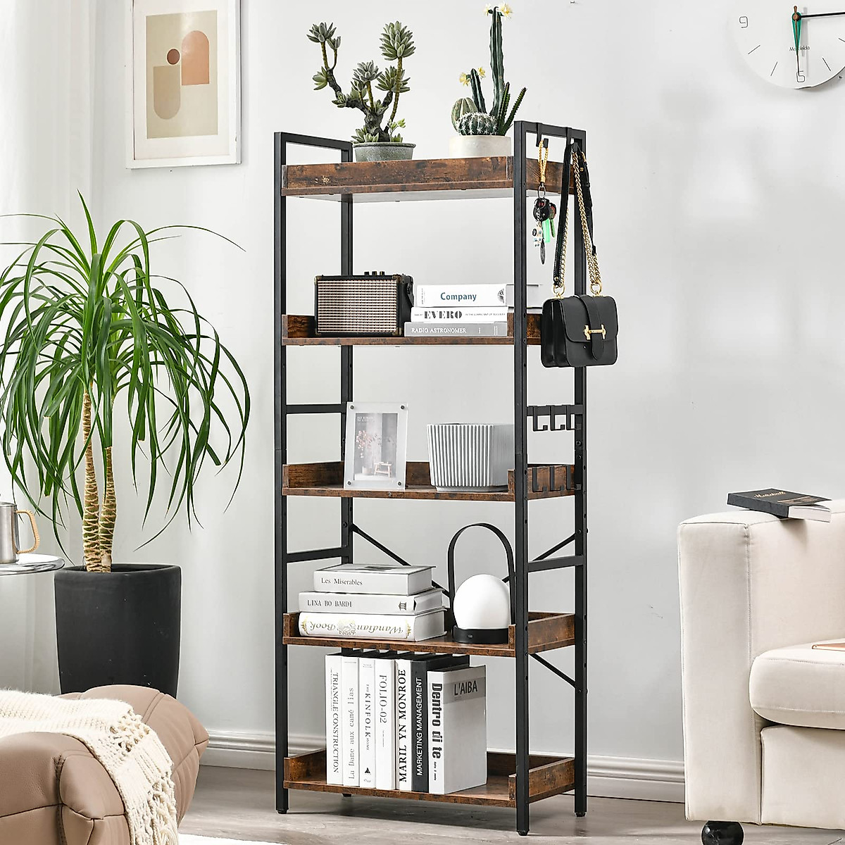 HCHQHS Bookshelf Adjustable 5 Tier Open Bookcase,Rustic Farmhouse Book Shelves, Industrial Wood and Black Metal Bookshelves,Mid Century Bookcase for Home Office Living Room Bedroom (Rustic, 5 Tier)