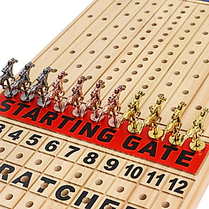 Grhonior Large 21 inches Horse Racing Board Game with 11 Luxury Metal Horses Thickened Wood Game Chessboard Including Dice and Cards FINISH LINE Race Game Board