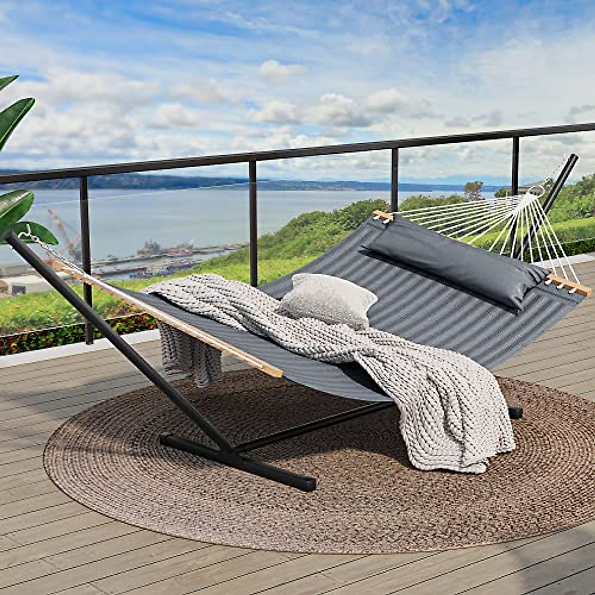 YITAHOME Hammock with Stand Included Hammock Heavy Duty Hammocks with 12FT Steel Stand Waterproof Poratble Freestanding Hammock with Pillow 450lbs for Outdoors,Backyard, Patio-Gray