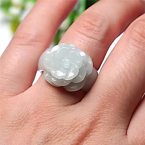 LSCZSLYH Trend Band Ring Natural Jade Stones Rings for Women Jewellery Emerald Rose Flower Hand-Carved Ladies Luxury Jewelry (Main Stone Color : White, Ring Size : 16mm-17mm)
