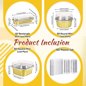150 Pcs Mini Cake Pans with Lids Disposable Ramekins 6.8 oz 5 oz Aluminum Foil Cupcake Baking Cups, Rectangle Round Square Cupcake Liners Cake Tins for Flan Muffin Dessert Party Favors, Gold