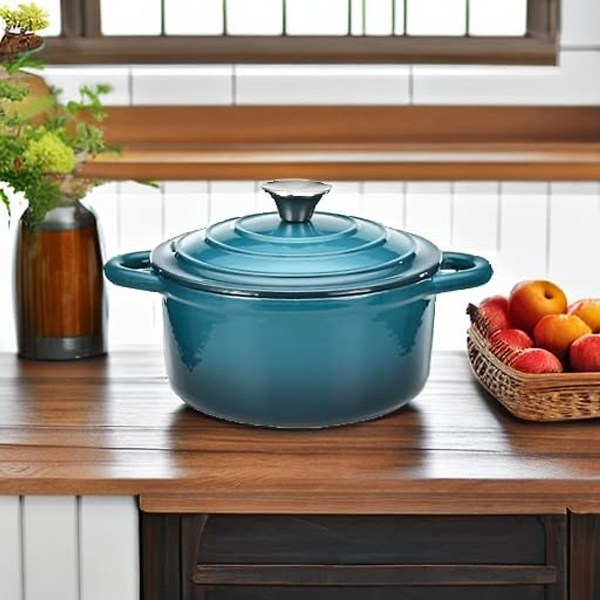 Hamilton Beach Enameled Cast Iron Dutch Oven Navy (3-Quart) | Cream Enamel Coating Dutch Oven Pot with Lid | Cast Iron Dutch Oven with Even Heat Distribution | Easy Grip to Handles & Multipurpose