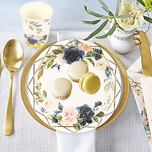 Bridal Shower Paper Plates Navy Blush Floral, 24 Guests, Gender Reveal, Gold Foil Dinner, Dessert, Cups, Gold Straws, Napkins, Baby Shower Decorations Birthday Wedding Anniversary Twins Party Supplies