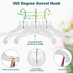 Quality Hangers 24 Pack Clear Plastic Hangers with Super Easy 360 Degree Swivel Hook – Shirt Hangers with Precision Notches for Secure Hanging – Slim Crystal Coat Hangers – 17 Inches (24, 17")