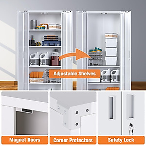 Aobabo Metal Storage Cabinet with Wheels,Heavy Duty Office Storage Cabinet with Lock,Steel Cabinet with 2 Doors and 4 Adjustable Shelves for Office Home School Storage,Required-Assembly White