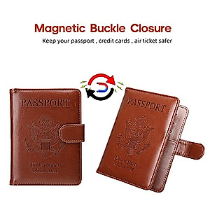 MCmolis Passport and Vaccine Card Holder Combo,RFID Blocking Leather Cover Case Travel Documents Organizer Protector With CDC Vaccination Card Slot and Magnetic Buckle-Brown