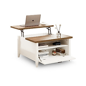 Evajoy Lift Top Coffee Table, Ergonomic Rising Table with Hidden Compartment, Dining Table with Storage Shelf, Retro Coffee Table, Farmhouse Storage with Lift Tabletop for Living Room, Office,White