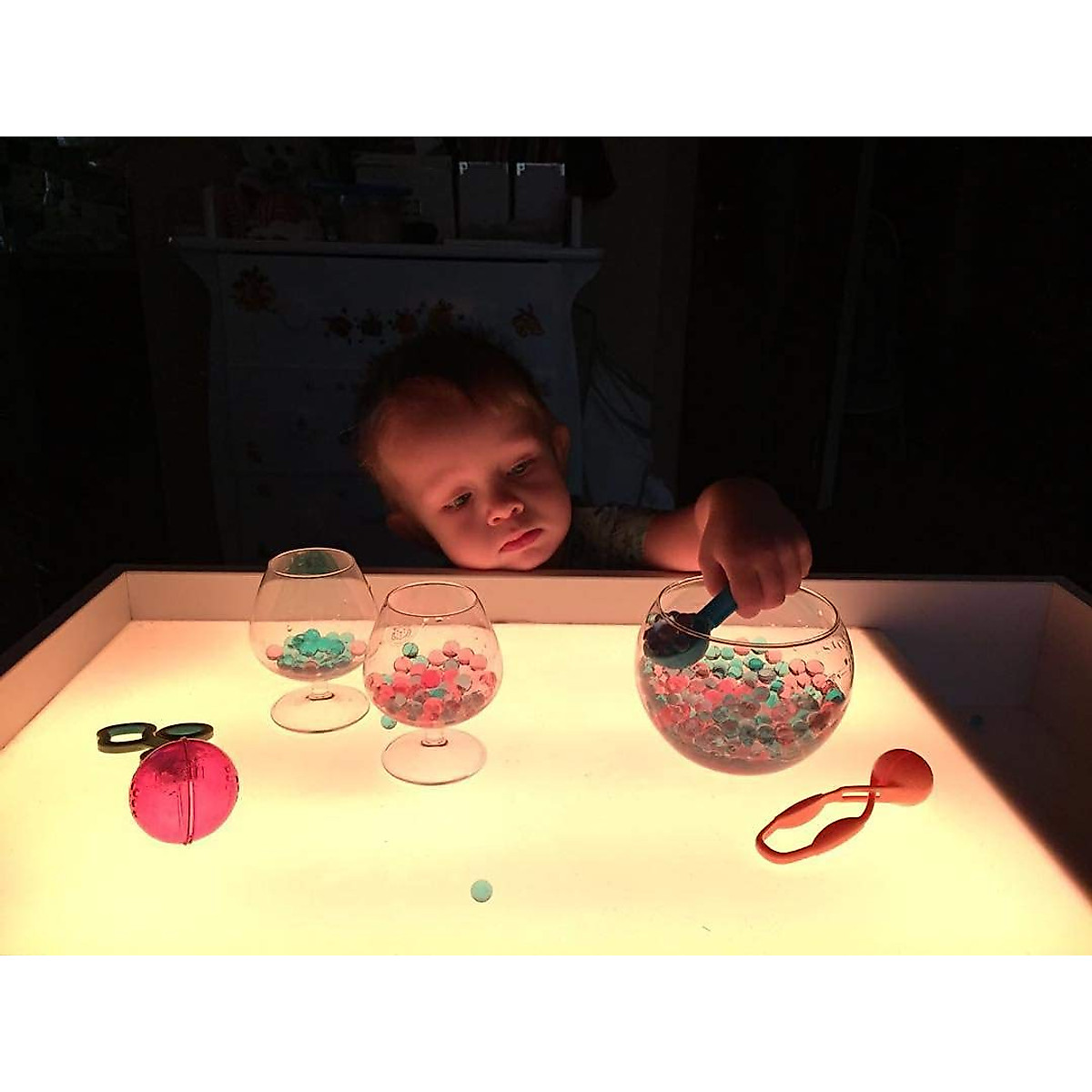 Light Sandbox All-in-1: Activity Table + Sensory Table + Light Table + Sand Box + whiteboard + Chalk Desk. Includes: Cover, Color Controller, Sand and Trowel, Legs with Adjustable Height