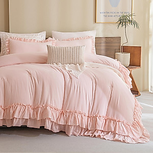 QSH Pink Comforter Set Queen Size, 3 Pieces Pink Ruffle Shabby Boho Chic Comforter Queen Size for Bed, Vintage Ultra Soft Lightweight Microfiber Farmhouse Bedding Set for Girls Women