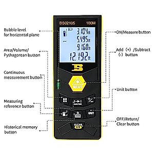 B BOSI TOOLS Laser Measurement Tool, High Accuracy 328FT Digital Laser Measure Distance Meter, Unit Switching with Backlit LCD and Bubble Level Hand Strap Battery for Area Volume Measurement M/in/Ft