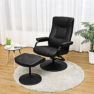 Giantex Recliner Chair w/Ottoman, 360 Degree Swivel PU Leather Armchair w/Footrest, Leisure Lounge Chair w/Leather Wrapped Base, for Home Living Room, Black