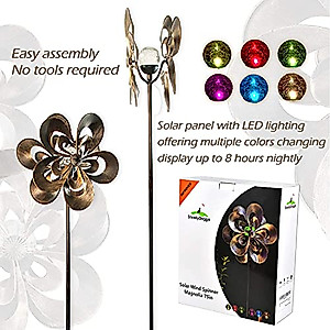 Solar Wind Spinner Magnolia Multi-Color Seasonal LED Lighting Solar Powered Glass Ball with Kinetic Wind Spinner Dual Direction for Patio Lawn & Garden