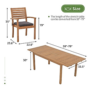 OC Orange-Casual 7 Piece Patio Dining Set, Outdoor Acacia Wood Furniture Set, Extendable Rectangular Table and 6 Stackable Chairs w/Removeable Fabric Cushion, FSC Certified, Dark Grey Cushion