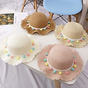 Toddler Baby Girls Straw Hat Wide Brim Sun Hat with Shoulder Bag Set Cute Pompom Beach Hat (Head circumference50-52cm/19.7-20.5", Beige)