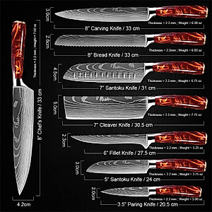 SENKEN 8-piece Japanese Kitchen Knife Set with Red Resin Handle and Laser Damascus Pattern - Crimson Collection - Chef's Knife, Santoku Knife, Paring Knife, & More - Ultra Sharp for Very Fast Cutting