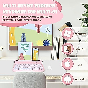 PolaTab ACTTO Retro Bluetooth Wireless Keyboard, 84 Keys Typewriter Style Keyboard with Built-in Stand for iPad, Tablet, iPhone, Smart Phone, PC, Connect up to 3 Devices (B305, Baby Pink)