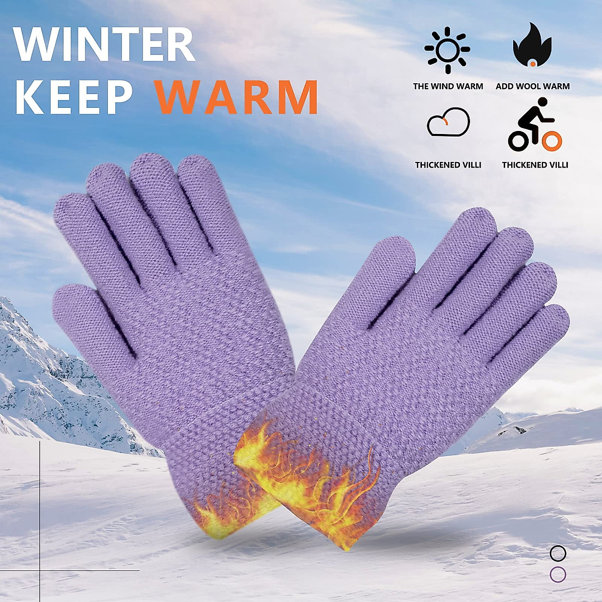 Winter Gloves for Boys Girls - Kids Warm Knit Thermal Cable Knitted Gloves Purple Wool Fleece Lined Mittens for Cold Weather