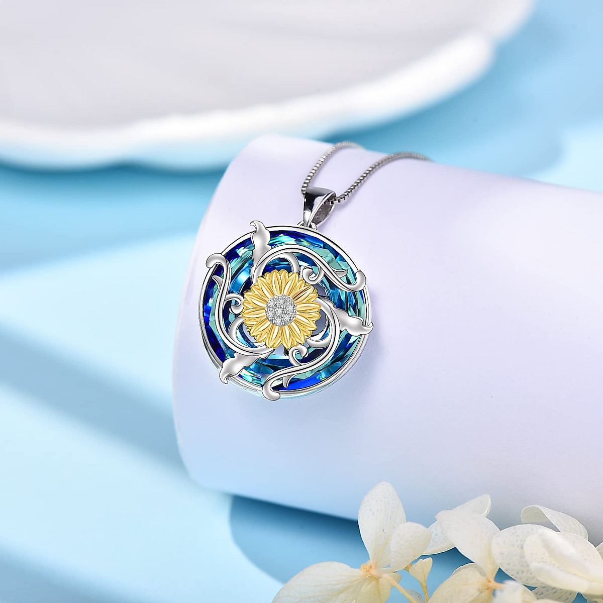 HOTIE Sunflower Necklaces for Women 925 Sterling Silver Butterfly Birth Flower Necklace with Blue Crystal Pendant Necklace, Birthday Anniversary Jewelry Gifts For Women Wife Girls