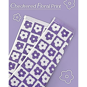 Cotton Face Towels Set of 4 - Checkered Floral Bathroom Hand Towels for Everyday Use, 29” x 13” Lilac