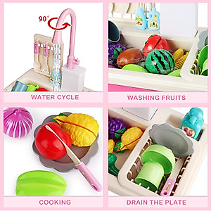 deAO Kitchen Toy Sink Toys with Cutting Food,Electric Dishwasher Playing Toy with Running Water, Role Playing Game Pretend Food,44 PCS Kitchen Accessories Set for 3 4 5 Years Old Girls Boys