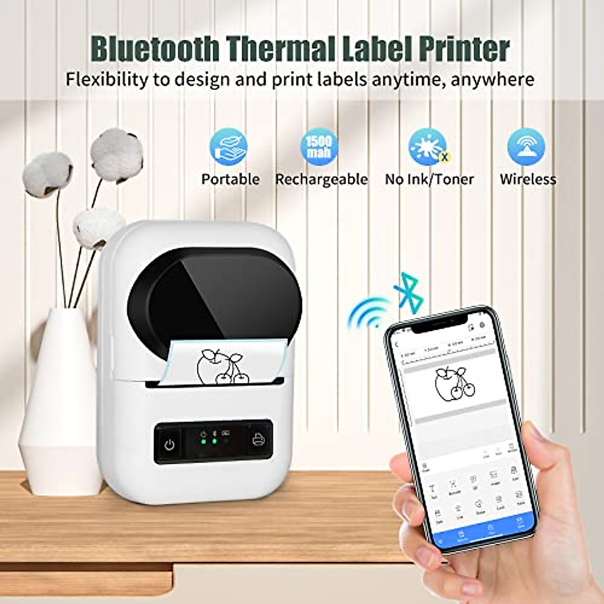 MORTENTR Label Makers, Portable Bluetooth Thermal Label Printer for Barcode Name Address Clothing Jewelry Retail Small Business Home Office, Compatible with Android & iOS, with 1.96x1.18 inch Label