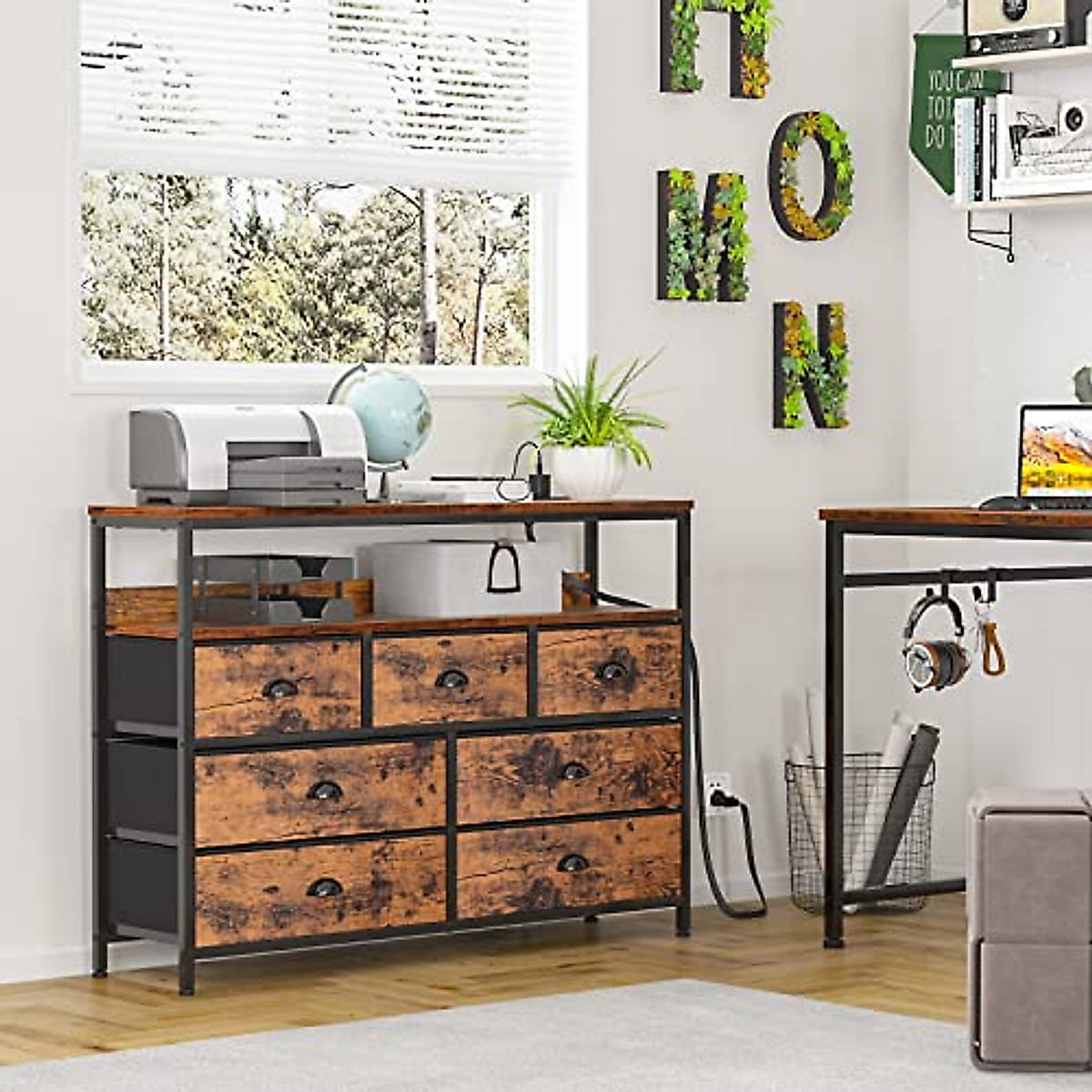 Dresser TV Stand with Power Outlets, Console Sofa Table with 7 Fabric Drawers and Shelves, Nightstand Set 2 with 2 Fabric Drawers, End Table with Open Wood Shelf, Side Table for Bedroom, Living Room
