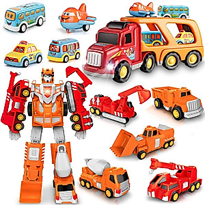Nicmore Construction Toys Truck Transform into Robot Bundle with Toys Vehicle Carrier Truck 3 4 5 6 Year Old Boys Girls Kids Toddlers 5 in 1 Toys Vehicles Christmas Birthday Gifts for Boys Girls
