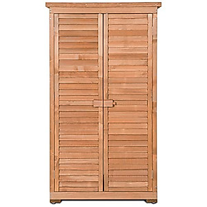 Goplus Outdoor Storage Cabinet, Wooden Garden Shed with Latch & Detachable Shelves & Pitch Roof, Vertical Organizer for Outside Yard Patio Deck
