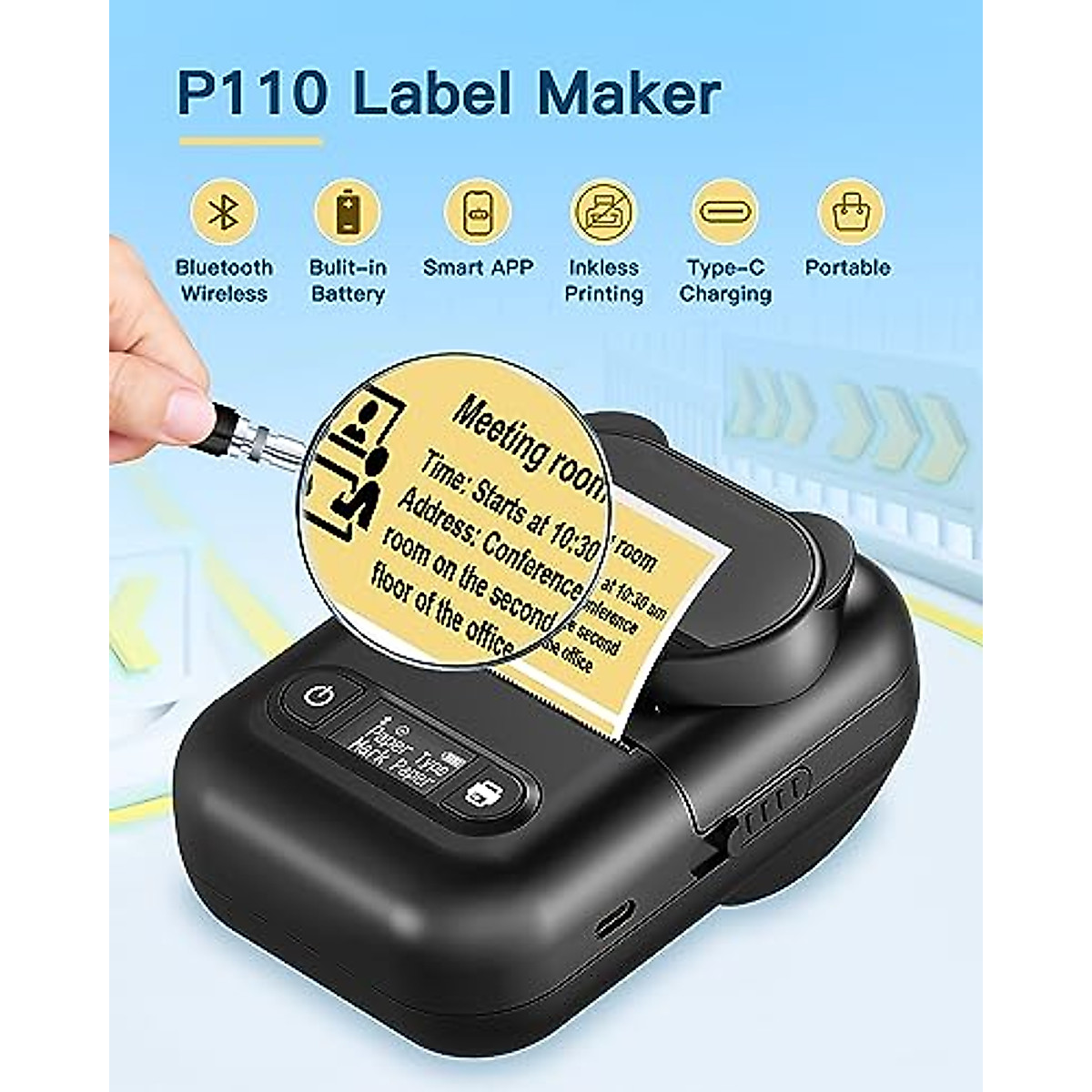NELKO P110 Label Makers, Portable Bluetooth Thermal Label Printer, Label Maker Machine with Tape for Address, Home, Office, Organization, Compatible with Android & iOS System, with 1 Roll Label, Black