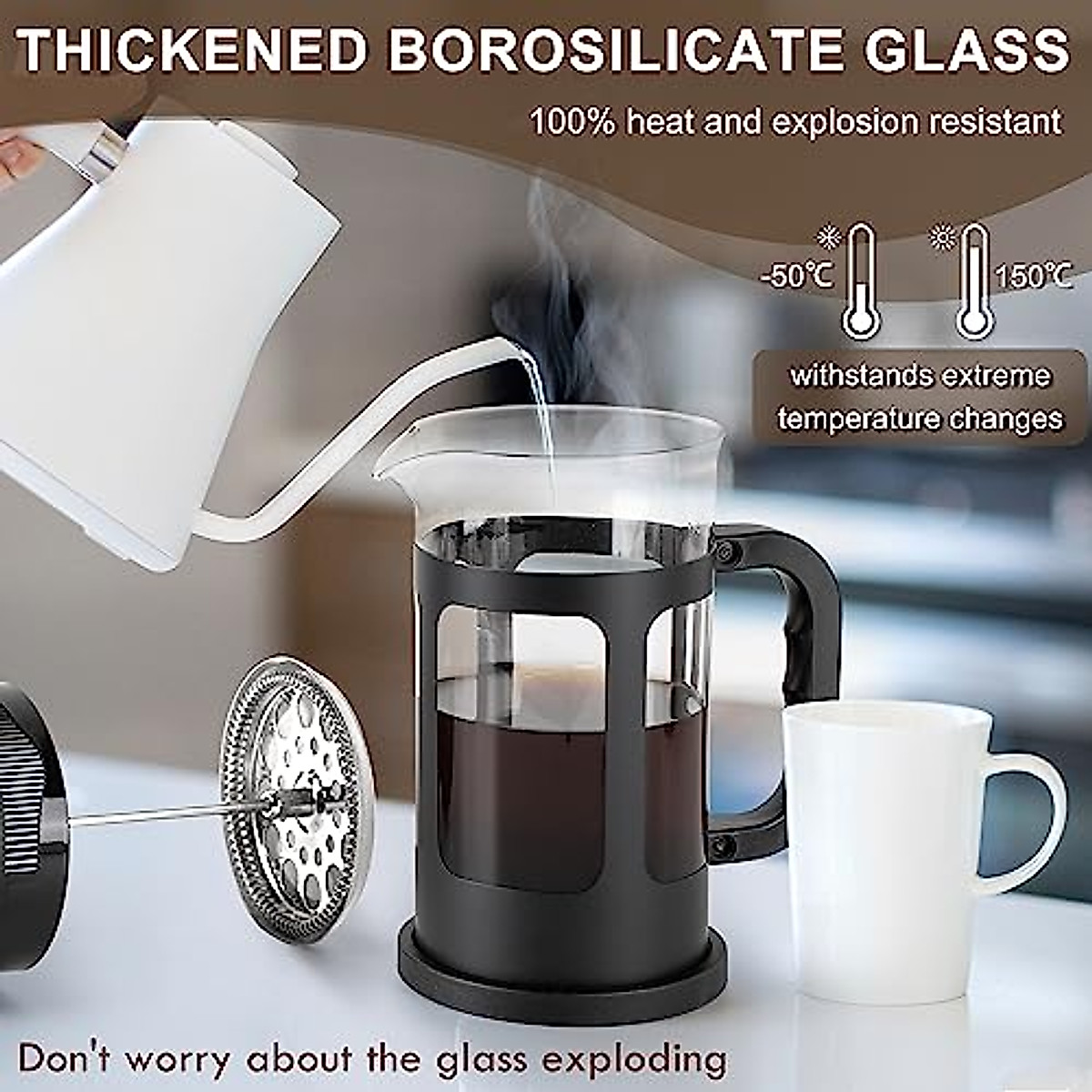 Greenual French Press Coffee Maker 34 oz, Borosilicate Glass French Press with 4 Filter, 304 Stainless Steel Cold Brew Heat Resistant Coffee Press for Travel Gifts, (Black)
