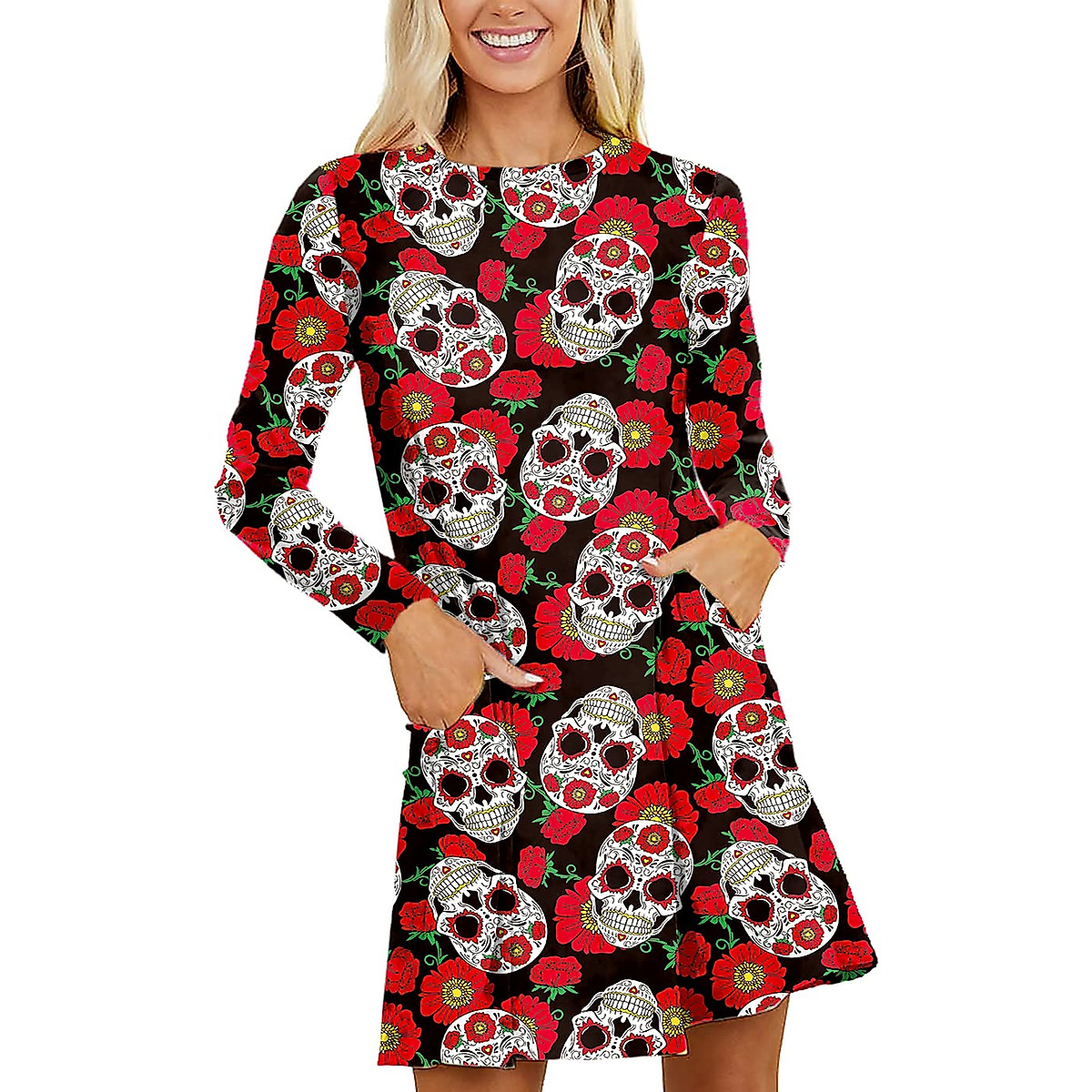 Women Sugar Skull Dresses Day of The Dead Halloween Flare Holiday Dress with Pocket XL