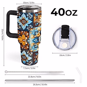 40 Oz Traditional Mexican Pattern Insulated Stainless Steel Tumbler with Handle & Straw Lid, Reusable Travel Cupholder Friendly Mug for Coffee, Water, Tea