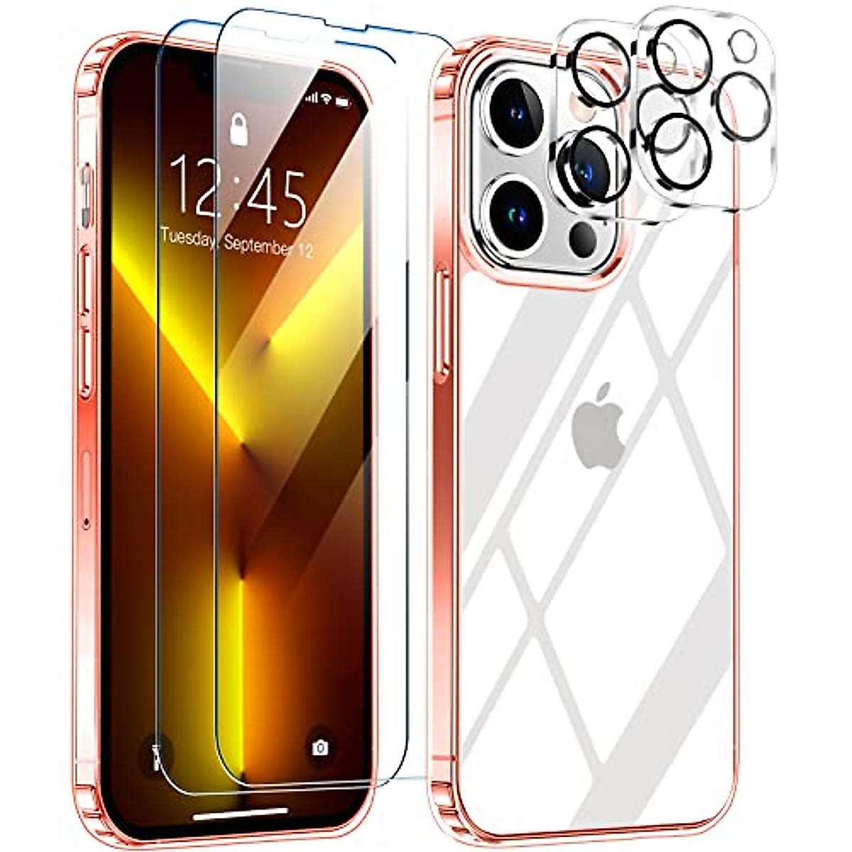 SPIDERCASE [3 in 1 Designed for iPhone 13 Pro Max Case, [Crystal Clear Not Yellowing][with 2 Pcs Tempered Glass Screen Protectors & 2 Pcs Camera Lens Protectors] Slim Thin Case (Rose Gold)