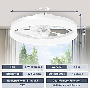 VOLISUN Low Profile Ceiling Fans with Lights and Remote, 19.7in Fandelier Ceiling Fan Flush Mount, 3000K-6500K Smart Bladeless LED Fan Light, White Modern Ceiling Fans with Lights for Bedroom