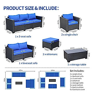 Rattaner Patio PE Wicker Furniture Set 7 Pieces Outdoor Black Rattan Conversation Seat Couch Sofa Chair Set with Royal Blue Cushion and Furniture Covers