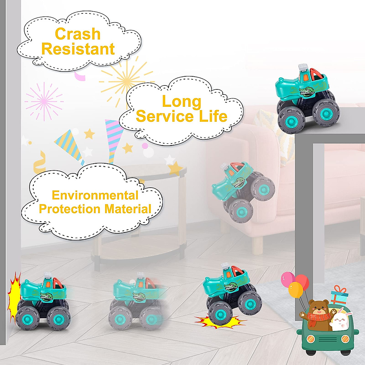 HIEMAO Monster Toy Cars for 1 2 3 4 Year Old Boys, 3 Pack Friction Powered Push & Pull and Go Animal Trucks, Car Toys Vehicles Set for Toddler (Mid Size, Bull/Leopard/Crocodile)