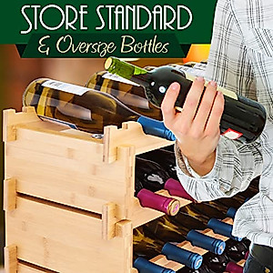 SereneLife 36 Bottle Stackable Wine Rack, 33.5” x 10” x 21” 4-Tier Large Floor Freestanding Modular Wine Bottle Storage Display Shelf Natural Bamboo Wood Construction for Kitchen and Cellar