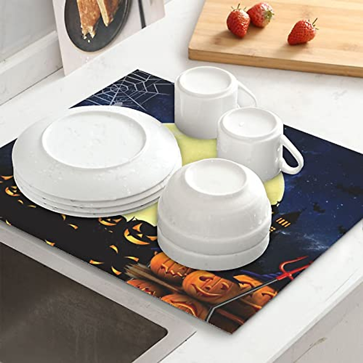 Halloween Moon Horrible Pumpkin Printed Drying Mat For Kitchen Ultra Absorbent Microfiber Dishes Drainer Mats Non-Slip Silicone Quick Dry Pad - 18 X 16inch