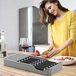 Knife Block Drawer Insert,Steak Knife Drawer Organizer,Knife Holder With Storage Tray, Kitchen Drawer Organizer for 11 Knives (Knife Not Included),Large Capacity,Saves Space,Gray