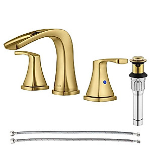 PARLOS Waterfall Widespread Bathroom Sink Faucet 2 Handles with Metal Pop Up Drain & cUPC Faucet Supply Lines, Brushed Gold, Doris