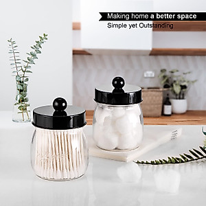 Farmhouse Decor Apothecary Jar Set,Mason Jar Bathroom Vanity Storage Organizer Canister - Qtip Holder Plastic Acrylic Jar for Cotton Swabs,Cotton Pads,Floss Picks,Paper Clips,Hair Clips(2 Pack,Black)