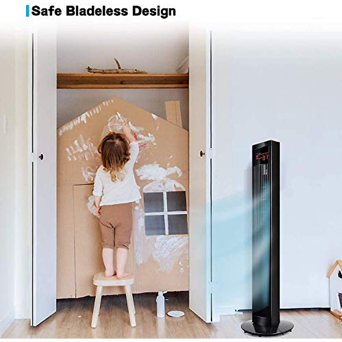 Simple Deluxe 48’’ Electric Oscillating Tower Fan with Remote Control and Large LED Display, Great for Indoor, Bedroom and Home Office, Black (48 inch)