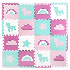 Tadpoles Baby Play Mat, Kid's Puzzle Exercise Play Mat – Soft EVA Foam Interlocking Floor Tiles, Cushioned Children's Play Mat, 16pc, Unicorns and Rainbows, Pink, 50x50