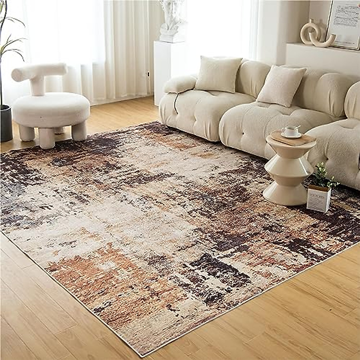 OIGAE Washable Rug 5x7, Abstract Modern Area Rugs with Non-Slip Backing, Non-Shedding Floor Mat Throw Carpet for Living Room Bedroom Kitchen Laundry Home Office, Gold/Brown